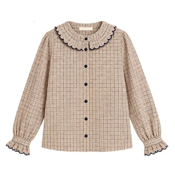 LATELIER LONDON Neutrals / Beige Navy Check Scallop Collar Blouse