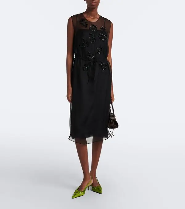 Prada Floral-applique Silk Midi Dress