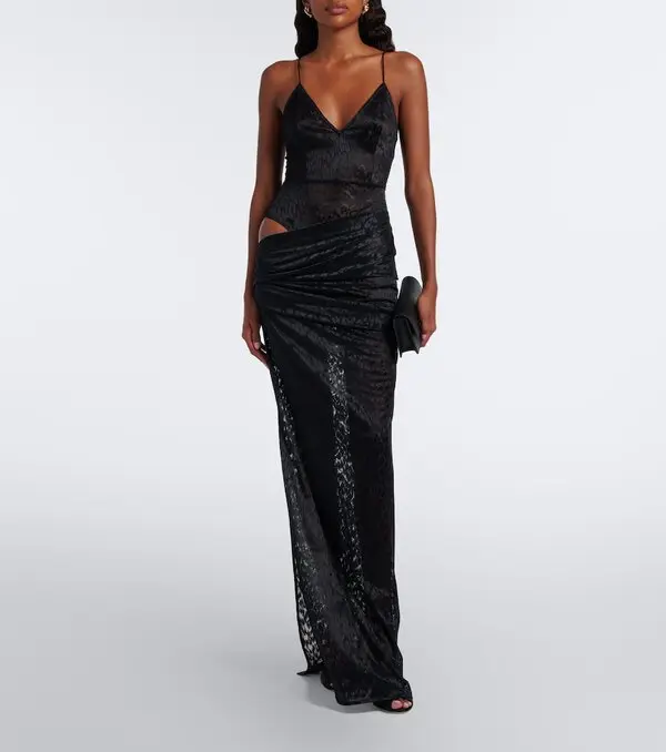 Alex Perry Draped Leopard-print Lace Maxi Dress