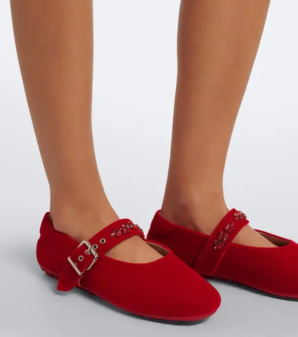 Simone Rocha Embellished Velvet Mary Jane Flats