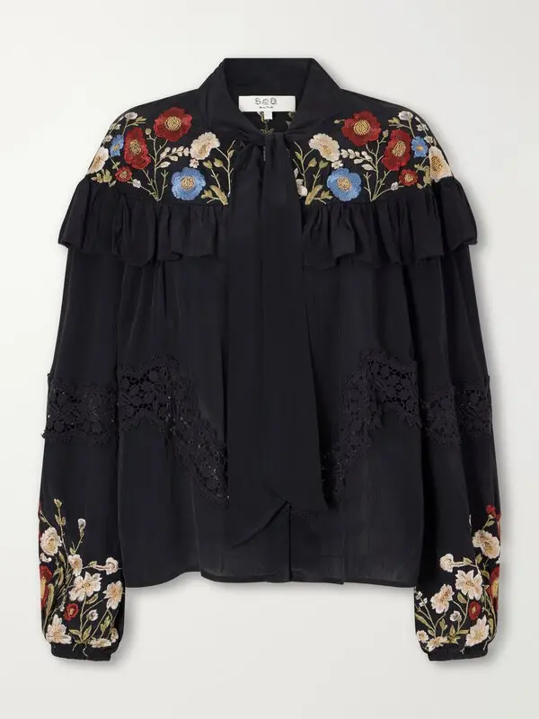 Sea Ruwa Ruffled Embroidered Lace-trimmed Crepe Blouse - Black