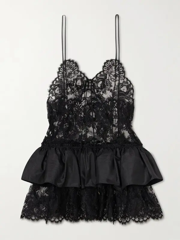 Chloé Ruffled Lace-trimmed Taffeta Cami - Black