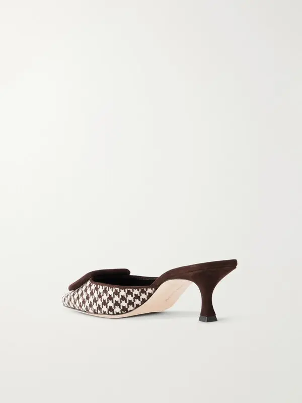 Manolo Blahnik Mayslibi 50 Suede-trimmed Houndstooth Woven Mules