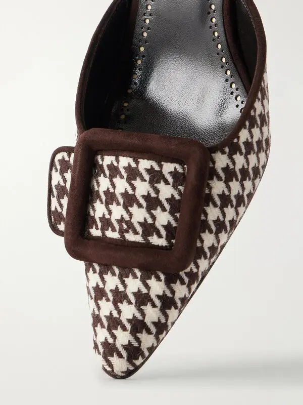 Manolo Blahnik Mayslibi 50 Suede-trimmed Houndstooth Woven Mules