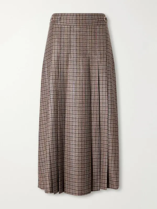 Gabriela Hearst Wesley Pleated Houndstooth Wool And Cashmere-blend Midi Skirt - Brown