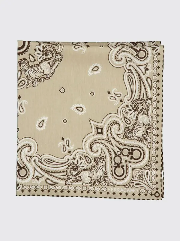 FERRAGAMO Arabesque Square Foulard In Cotton And Silk With Bandana Print - Beige