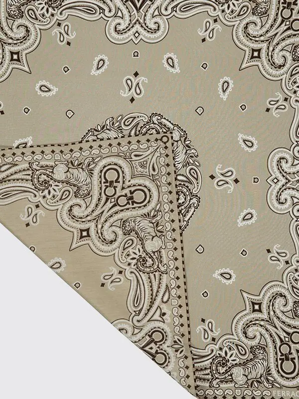 FERRAGAMO Arabesque Square Foulard In Cotton And Silk With Bandana Print - Beige