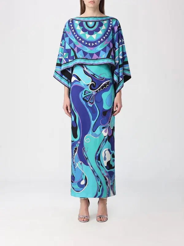 Emilio Pucci Graphic Print Silk Long Evening Gown With Back Slit