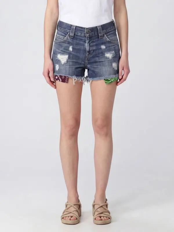 HTC LOS ANGELES High-waisted Studded Shorts With Frayed Hem - Denim