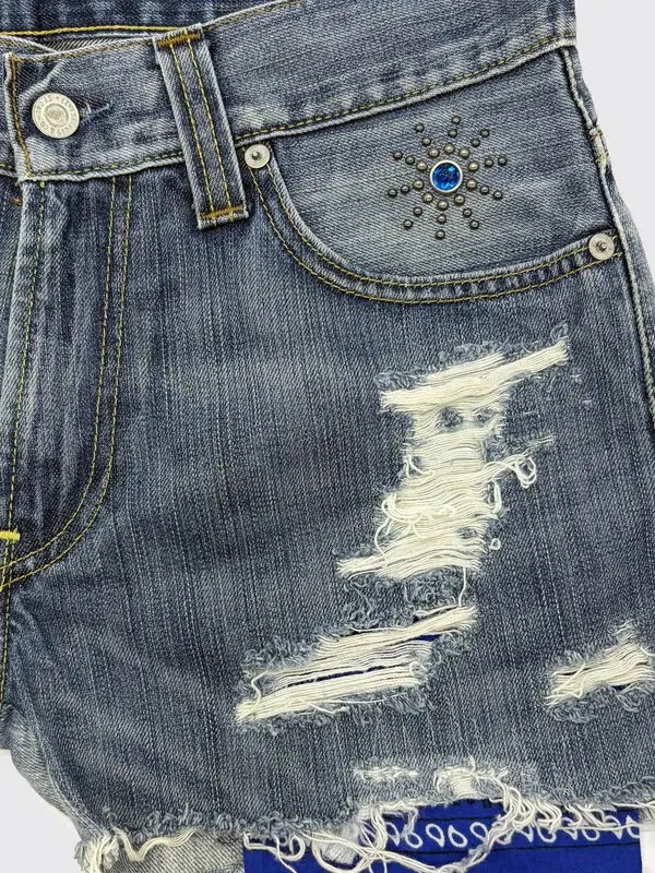 HTC LOS ANGELES Mid-rise Studded Shorts With Bandana Embroidery - Denim