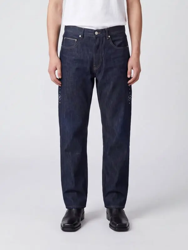 HTC LOS ANGELES Straight Fit Studded Cotton Denim Jeans With Embroidery - Blue
