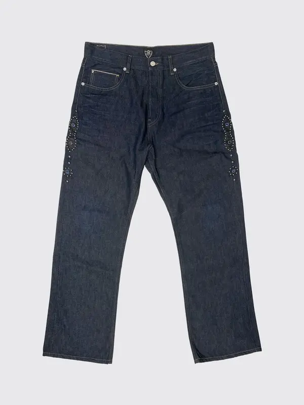 HTC LOS ANGELES Straight Fit Studded Cotton Denim Jeans With Embroidery - Blue