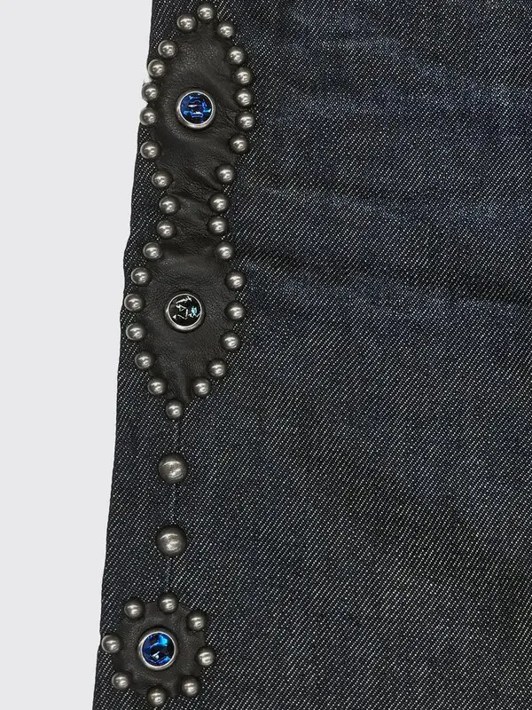 HTC LOS ANGELES Straight Fit Studded Cotton Denim Jeans With Embroidery - Blue