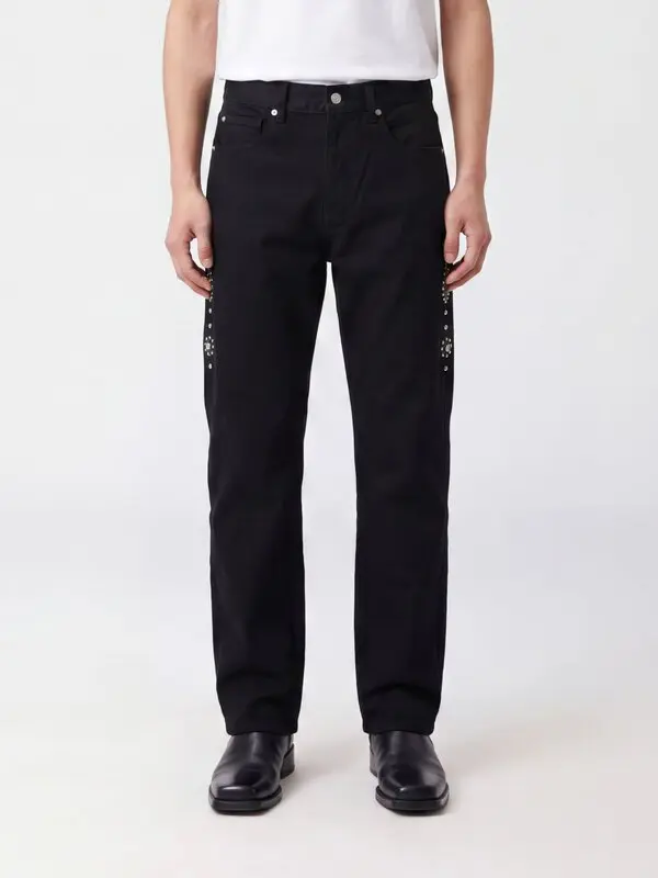 HTC LOS ANGELES Straight Fit Studded And Embroidered Cotton Denim Jeans - Black