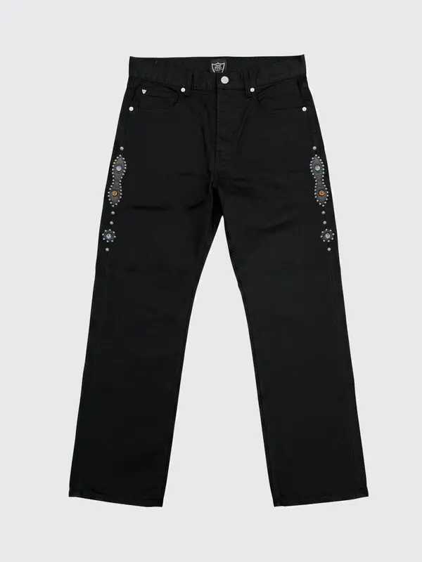 HTC LOS ANGELES Straight Fit Studded And Embroidered Cotton Denim Jeans - Black