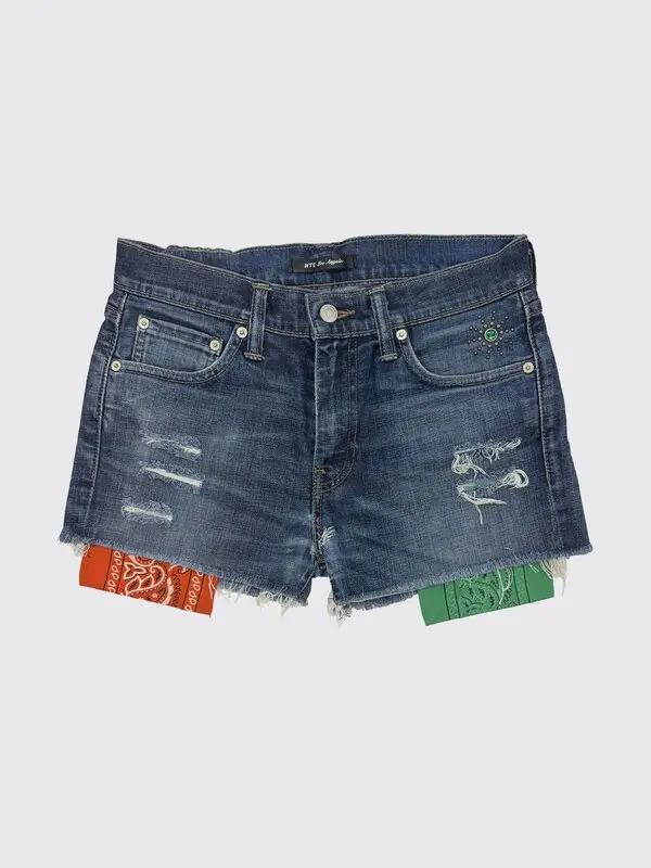 HTC LOS ANGELES High-waisted Studded Denim Shorts With Frayed Hem - Blue