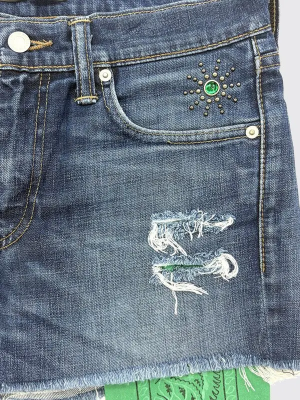 HTC LOS ANGELES High-waisted Studded Denim Shorts With Frayed Hem - Blue