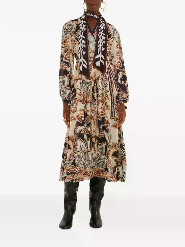 Farm Rio Tapestry Dream Paisley-print Pussy-bow Midi Dress - Neutrals