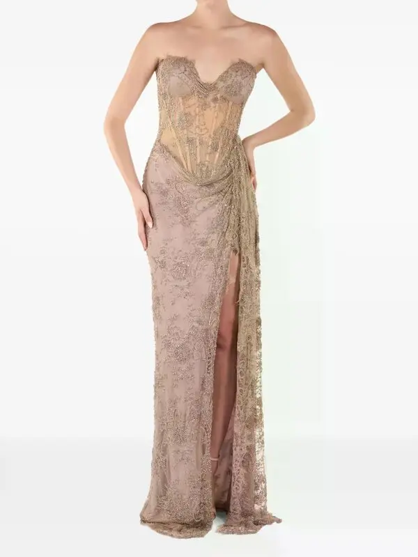 ANDREEA VENECIUC Elara Lace-embroidered Corset-style Gown - Neutrals