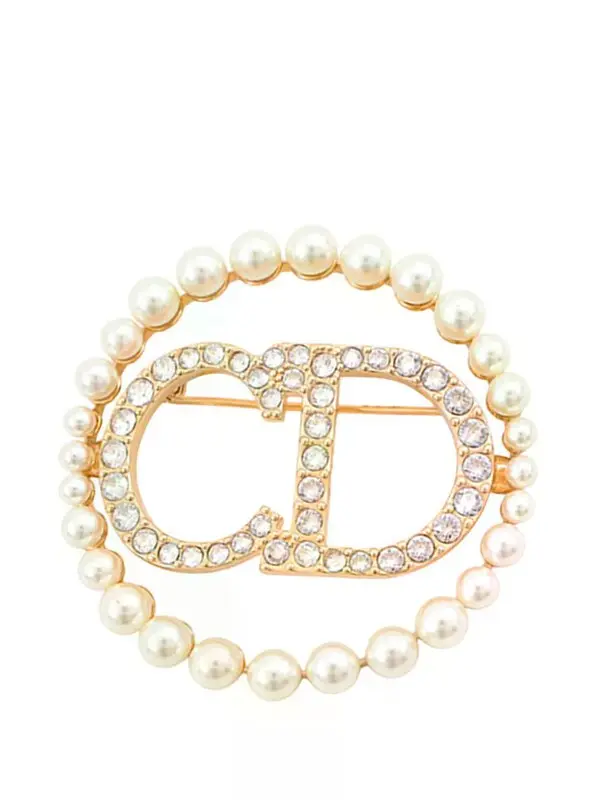 Dior 2021-2026 Plated Faux Pearl Strass Clair D Lune Brooch Costume Brooch - Gold