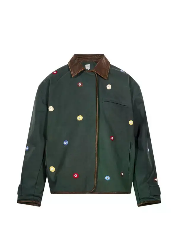 FOUND Crochet-appliqué Leather-trim Coat - Green