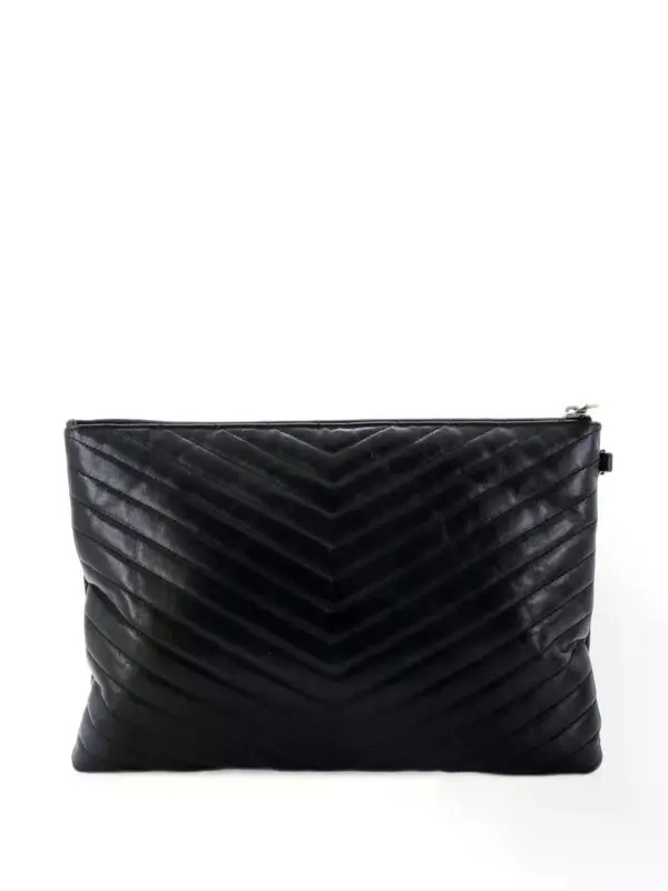 Saint Laurent Classic Monogram Wristlet Pouch Matelasse Chevron Leather Medium Clutch Bag - Black