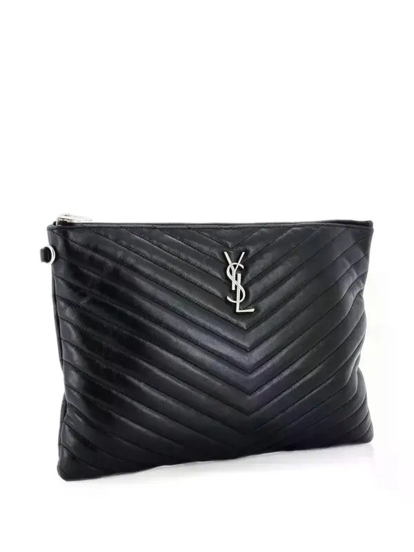 Saint Laurent Classic Monogram Wristlet Pouch Matelasse Chevron Leather Medium Clutch Bag