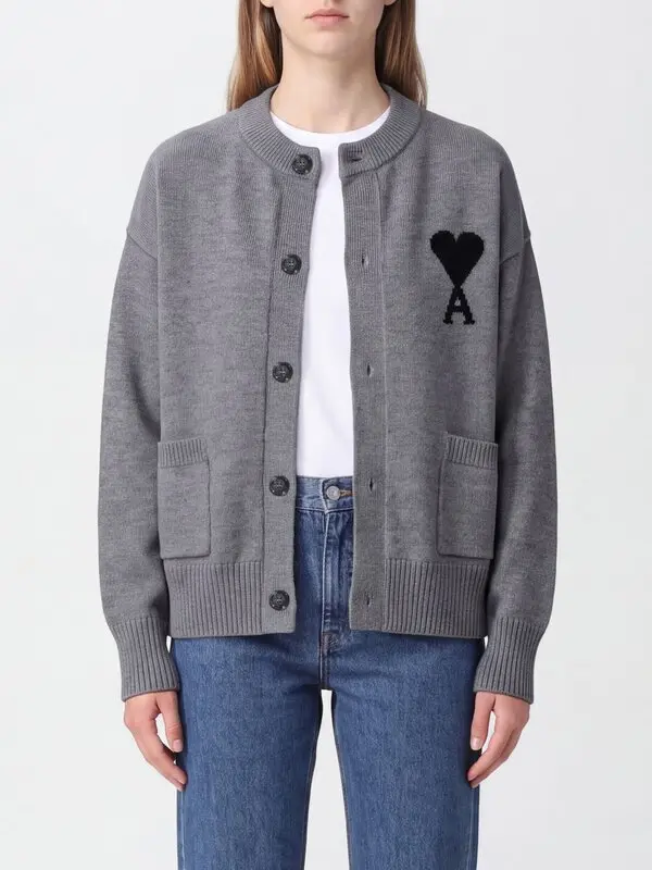 AMI Paris Wool Crewneck Cardigan With Contrasting Embroidered Logo - Grey