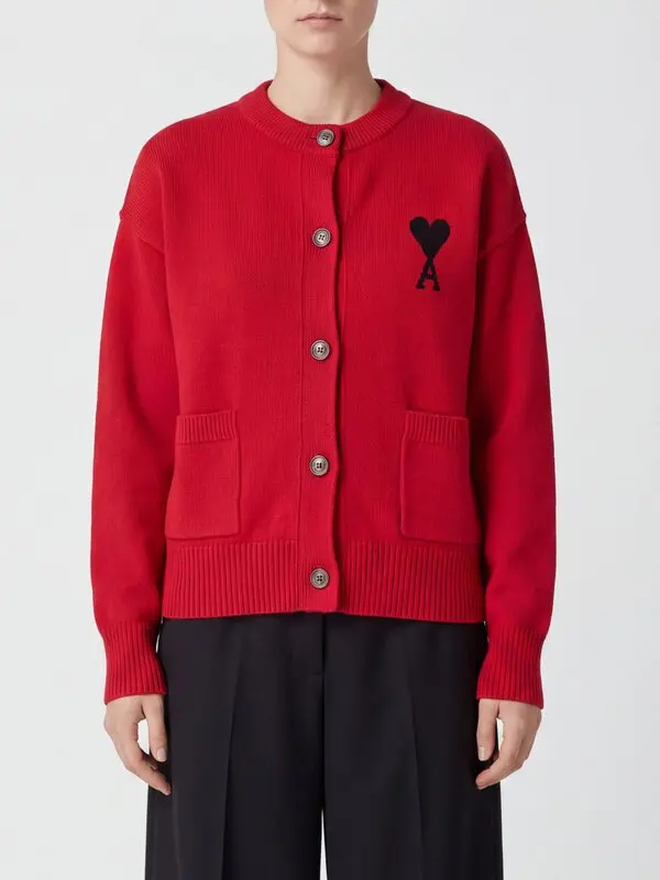 AMI Paris Wool Crewneck Cardigan With Contrasting Embroide Logo