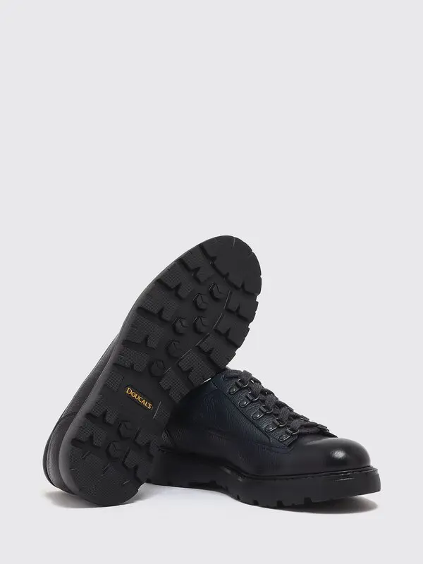 DOUCAL'S Pebbled Calfskin Derby Shoes With Padded Ankle - Navy