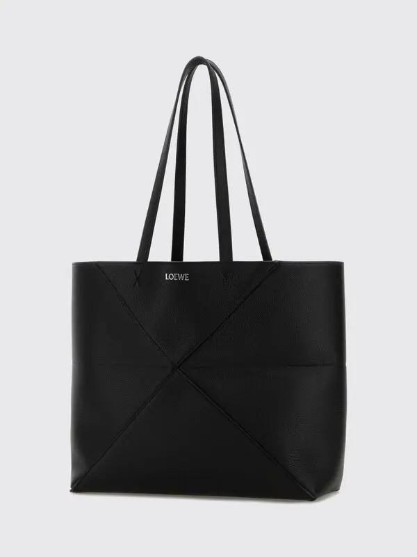 Loewe Puzzle Fold Medium Calfskin Leather Tote Bag With Double Handle - Black