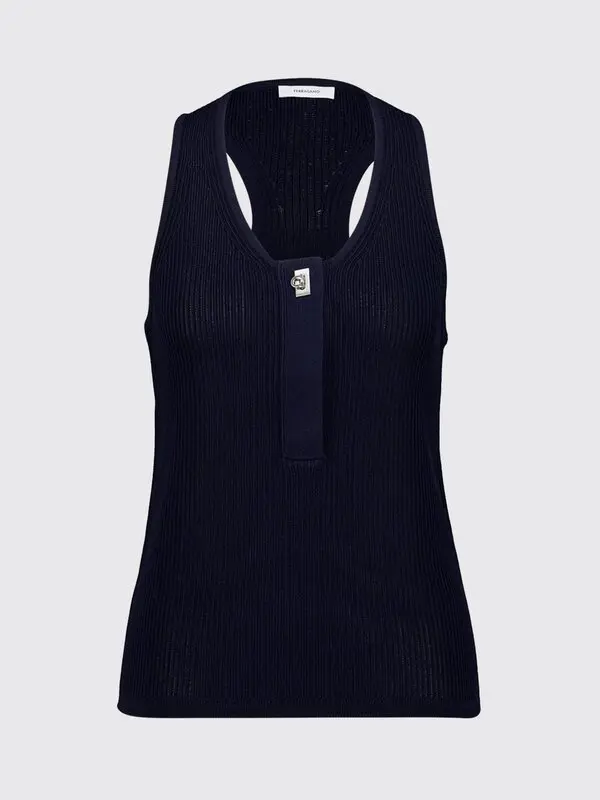 FERRAGAMO Slim Fit Ribbed Jersey Off-the-shoulder Top - Navy