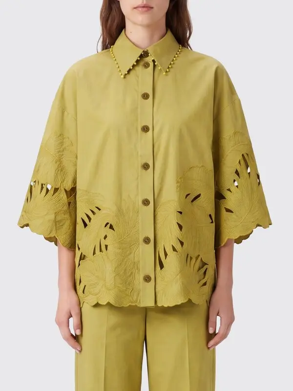 Zimmermann Mahon Cotton Shirt With Lace Inserts And Dropped Shoulders - Green
