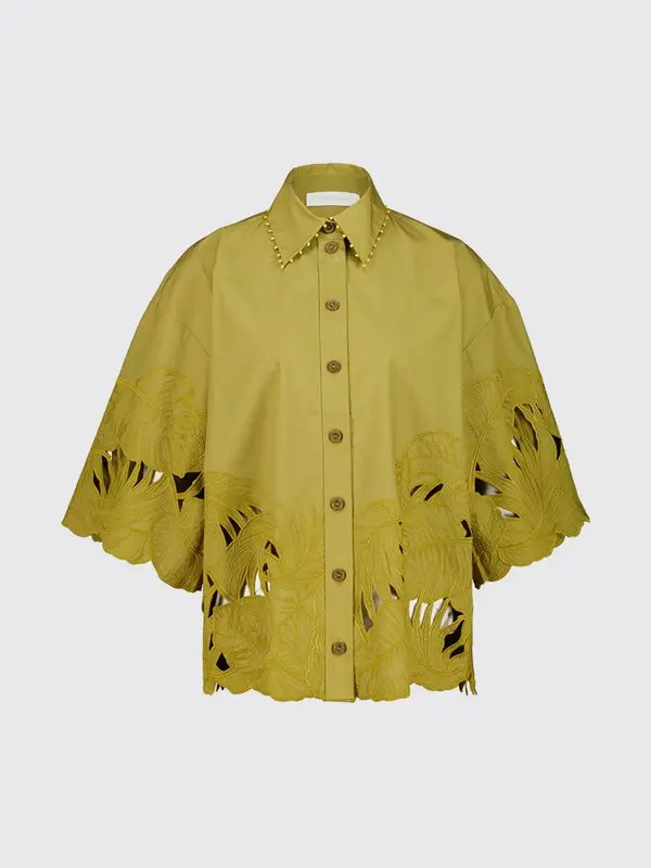 Zimmermann Mahon Cotton Shirt With Lace Inserts And Dropped Shoulders - Green