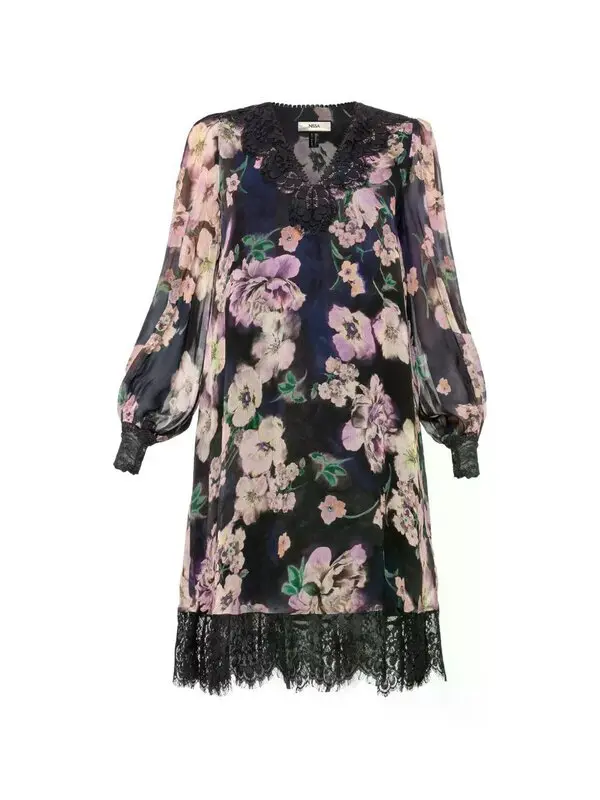 NISSA Floral Chiffon Midi Dress - Black