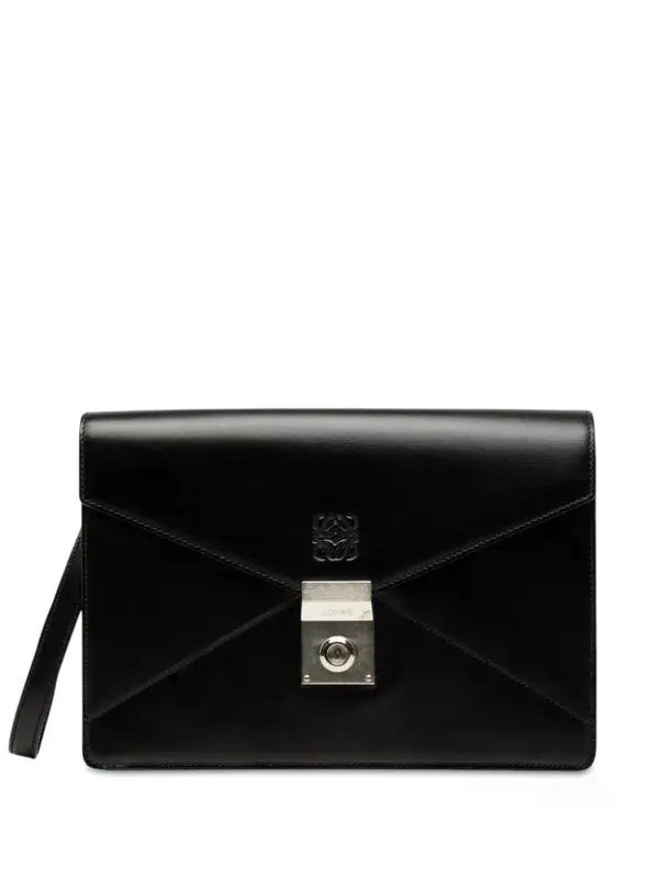 Loewe 2010 Leather Anagram Envelope Wristlet Clutch Bag - Black