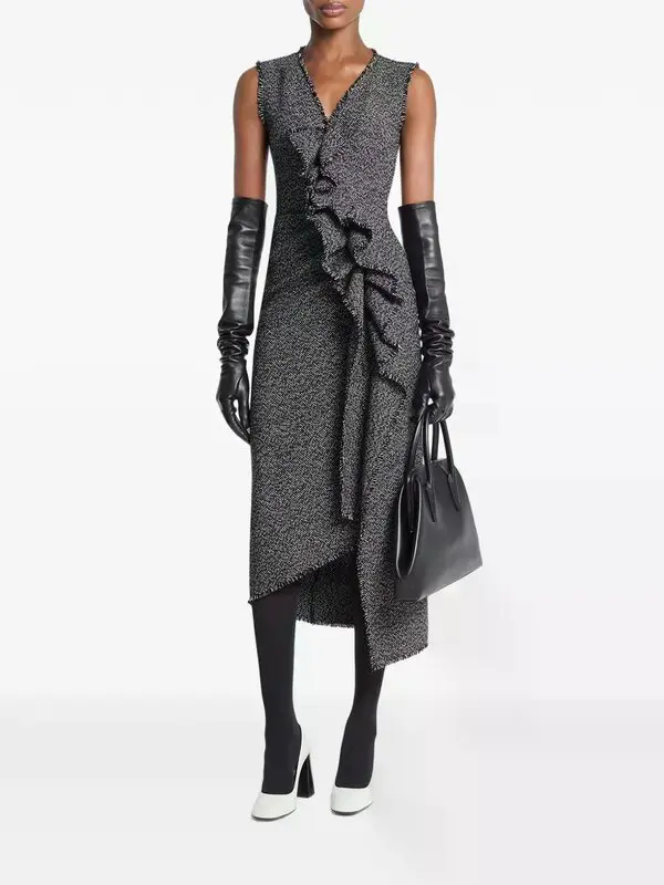 Michael Kors Frayed Ruched Tweed Midi Dress