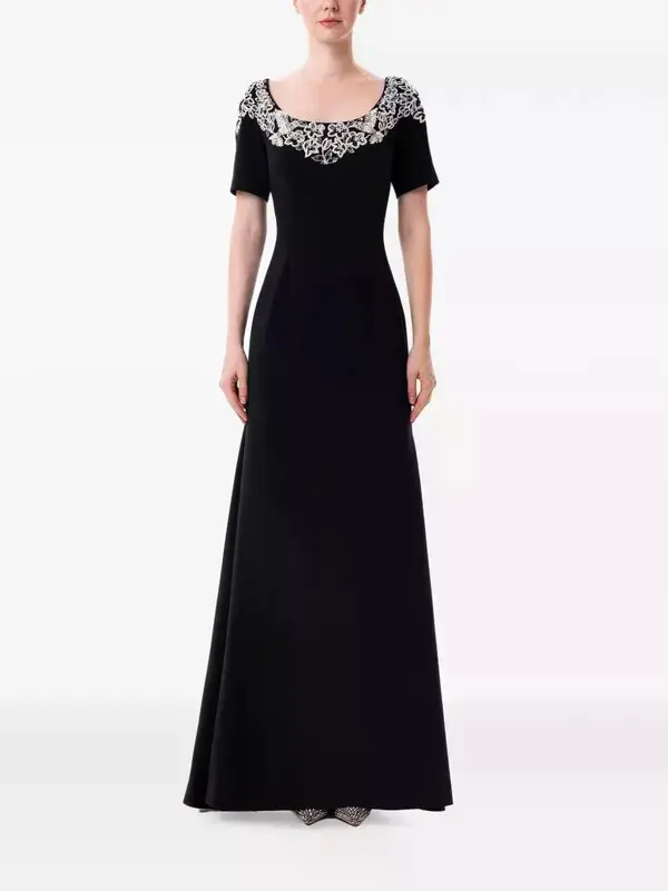 DINA MELWANI Floral-embroidered Scoop-neck Maxi Dress - Black