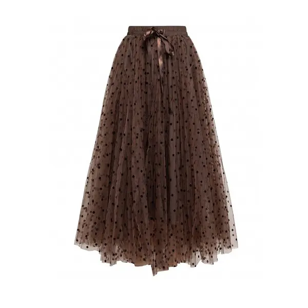 TANTRA SPAIN SL Polka-dot Tulle Midi Skirt, A-line Cut, Elastic Waistband With A Bow - Brown