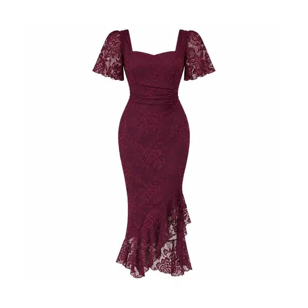 GIRL IN MIND Heidi Berry Lace Ruched Midi Dress - Red