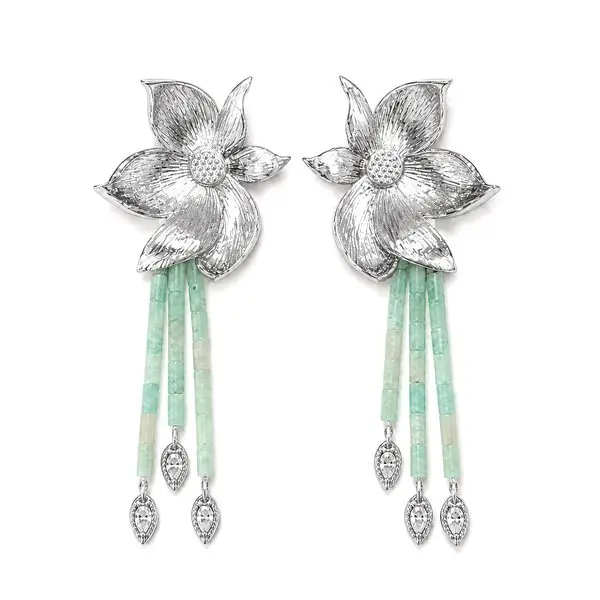 AUROZIA Lotus Within Rhodium Plated Detachable Blooming Lotus Drop Amazonite Tassel Earrings - Silver