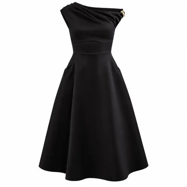GIRL IN MIND Tillie Gold Trim Asymmetric Neck Midi Dress - Black