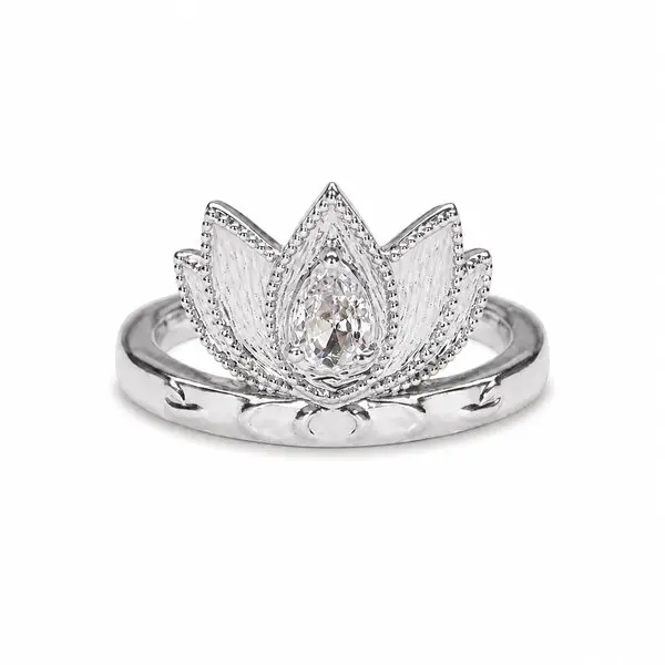 AUROZIA Lotus Within Rhodium Plated Sterling Blooming Lotus Drop Adjustable Open Ring - Silver