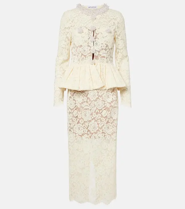 SELF-PORTRAIT Peplum Lace Midi Dress - Yellow