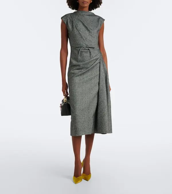 Erdem Bow-detail Herringbone Draped Midi Dress