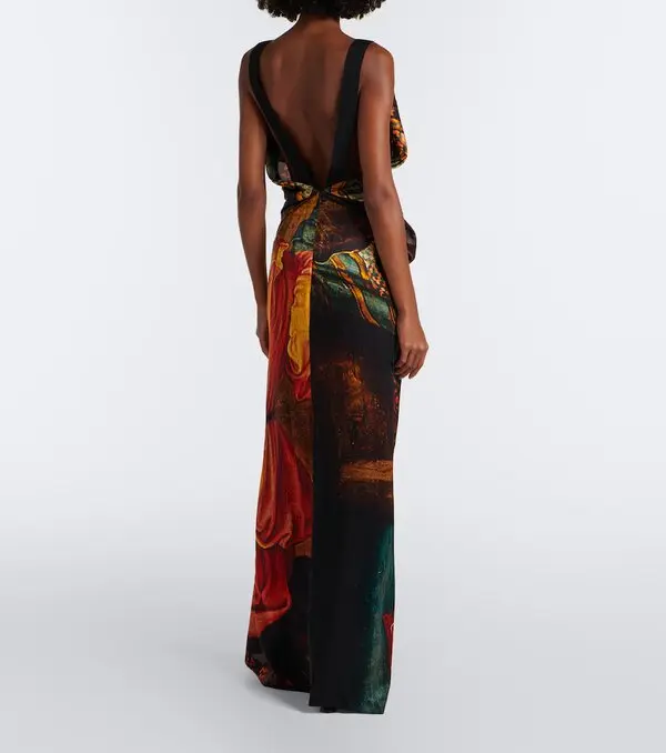 Dries Van Noten Printed Draped Silk Satin Gown