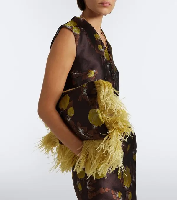 La DoubleJ Devon Feather-trimmed Jacquard Clutch