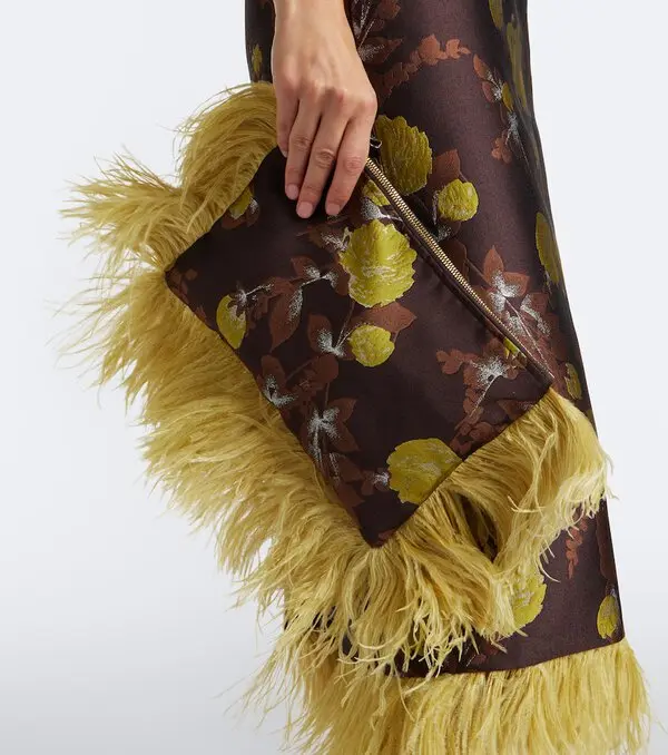 La DoubleJ Devon Feather-trimmed Jacquard Clutch
