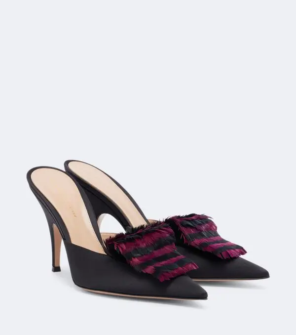 GIANVITO ROSSI Feather-trimmed Satin Mules - Black