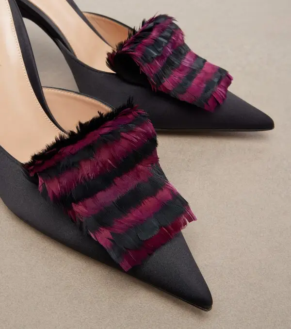 GIANVITO ROSSI Feather-trimmed Satin Mules